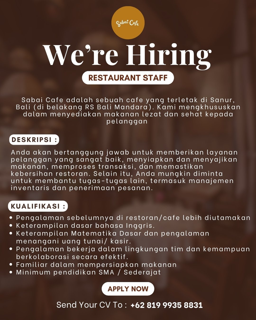 Lowongan Pekerjaan Restaurant Staff di Sabat Cafe Sanur - Loker.BaliNews.id