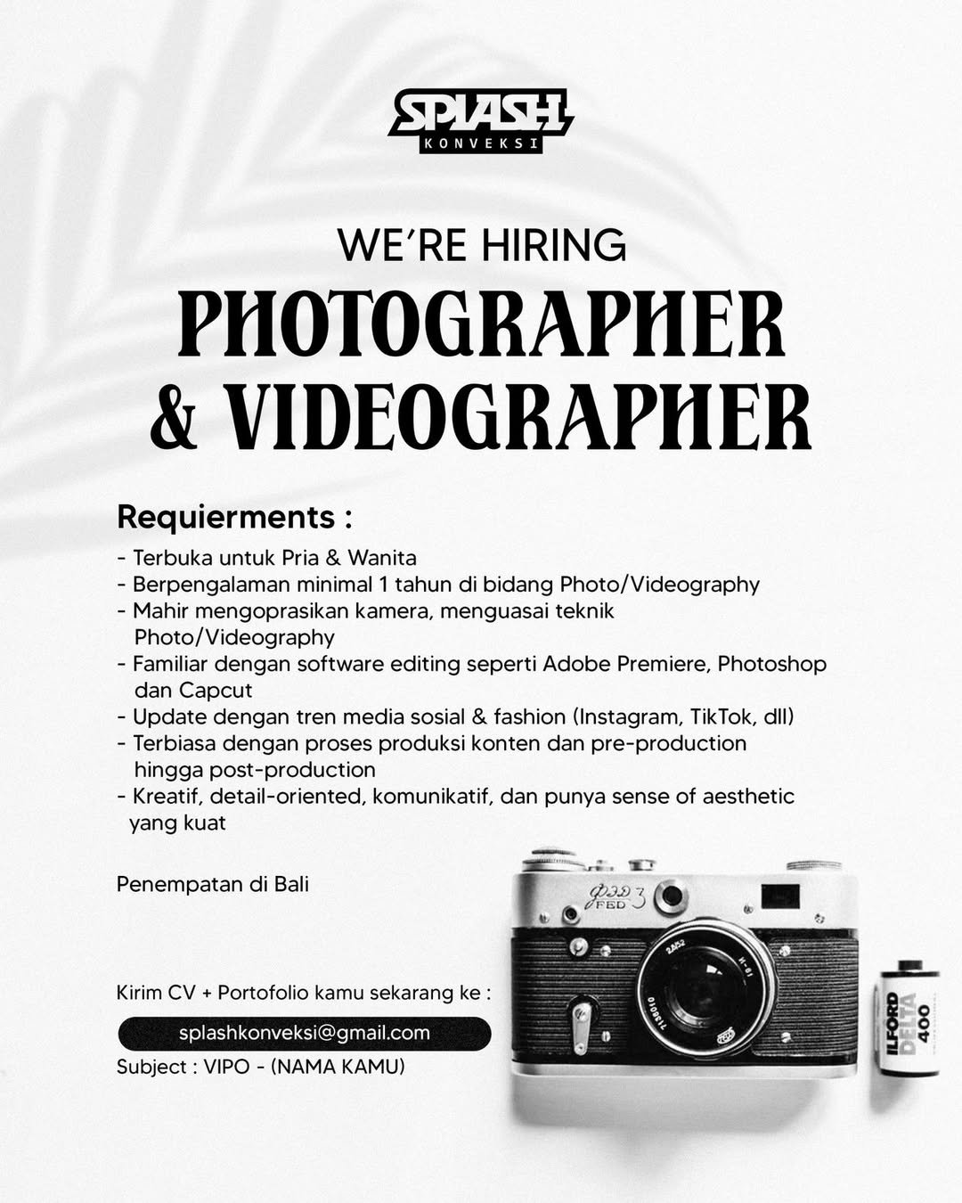 Lowongan Pekerjaan Photographer & Videographer di Splash Konveksi Bali ...